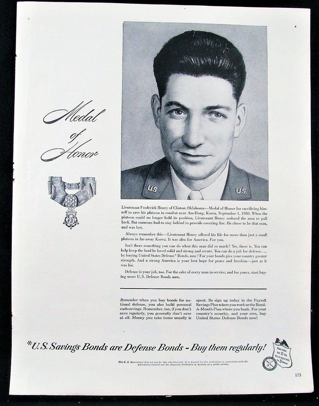 Vtg 1951 MCM Medal of Honor Lt. Frederick Henry Clinton, Ok. US Bonds ...