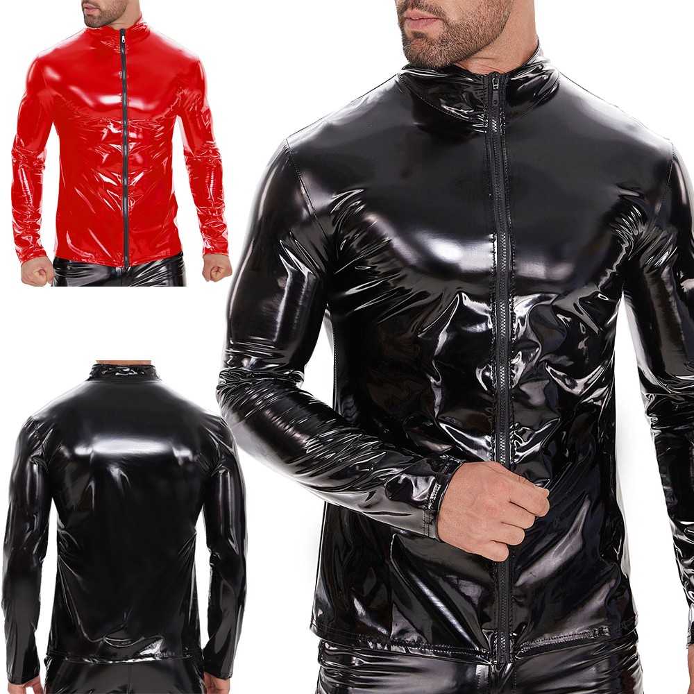 Men Wet Look PVC Leather Tops Long Sleeve Blouse Coats Slim Zipper ...