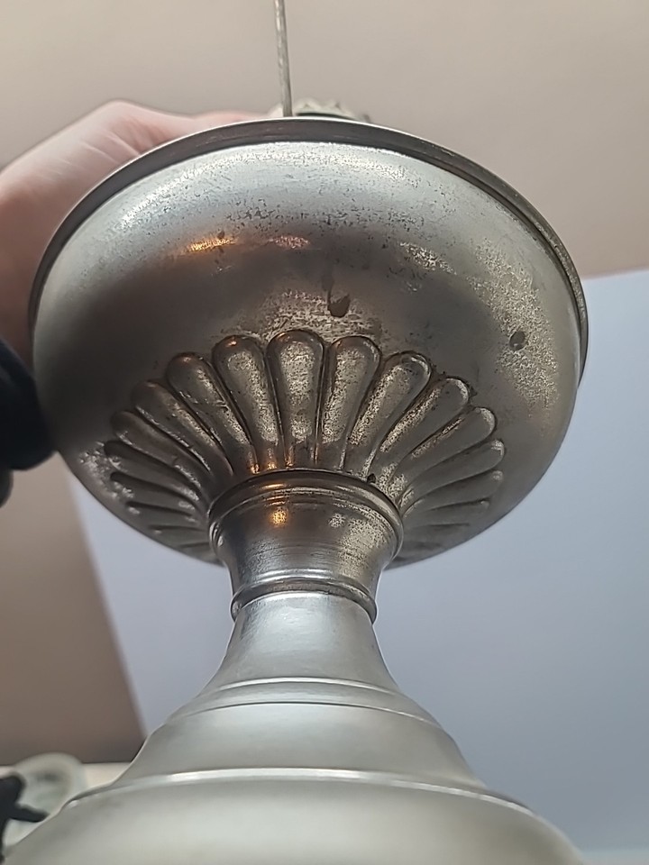 Rayo Oil Lamp Silver Tone Milk Glass Dome Shade Tall Chimney Tarnished ...