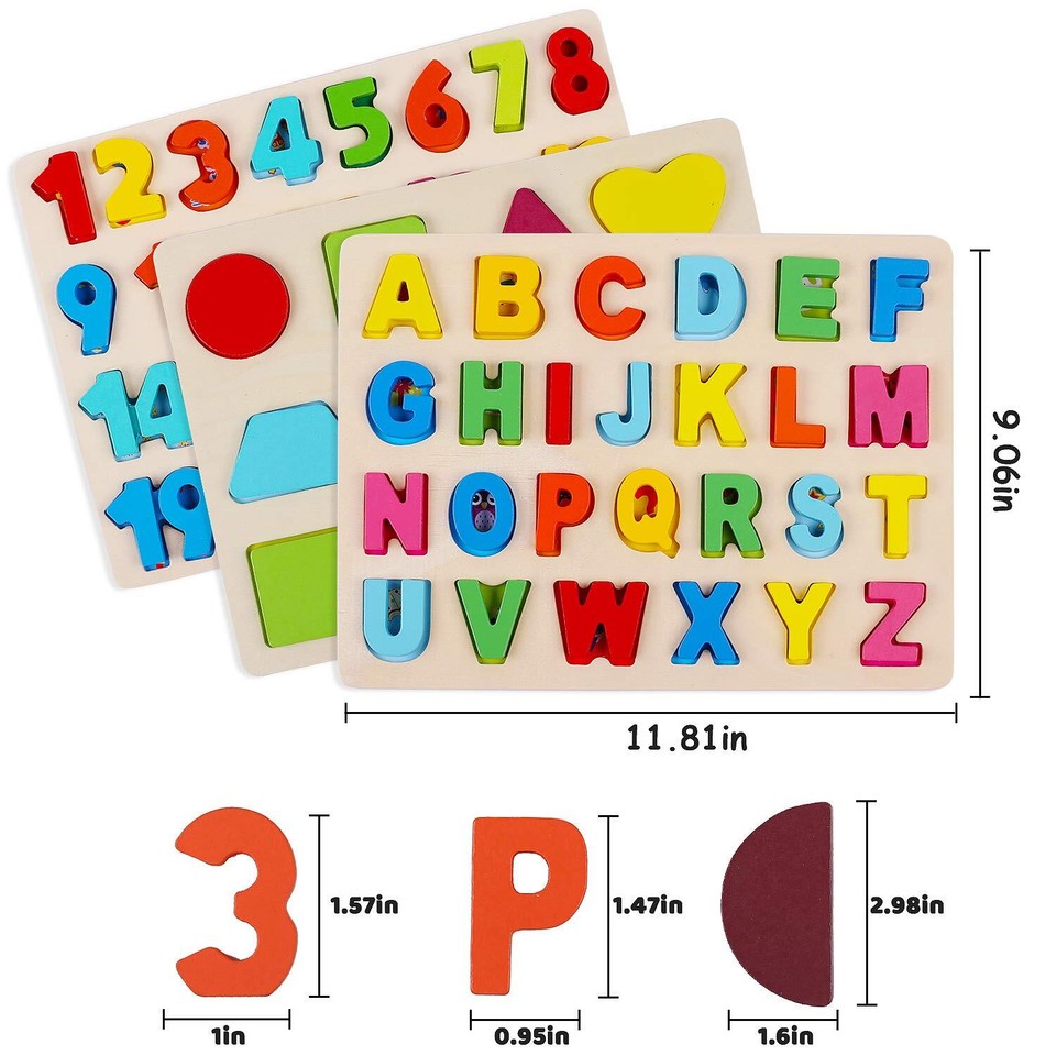 Wooden Puzzles for Toddlers, Wooden Alphabet Number Shape Learning ...