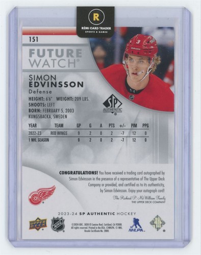 2023-24 SP Authentic Future Watch Auto Simon Edvinsson Rookie Auto 457/ ...