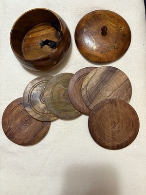 Wooden Coaster Plates ,set/6 Natural Color Round Box with Gold Accent ...