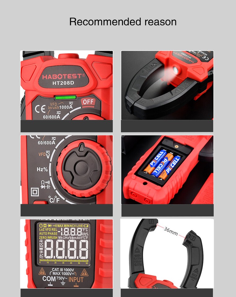 HABOTEST HT208 Clamp Meter Digital Multimeter Tester AC DC Volt Meter ...