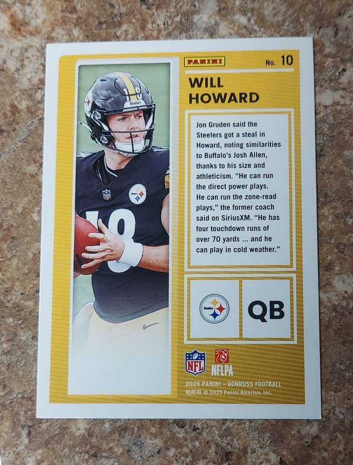 Will Howard Rookie 2025 Donruss #10 Steelers Rookie RC - The Rookies | eBay