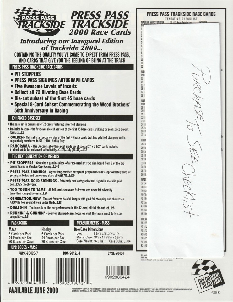 2000 PRESS PASS TRACKSIDE PROMO SELL AD SHEET Bobby Labonte Jeff Gordon ...