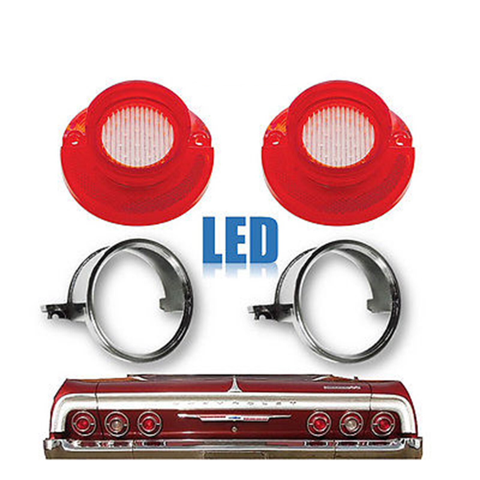 64 Chevy Impala LED Rear Back Up Reverse Light Lenses & Chrome Trim ...