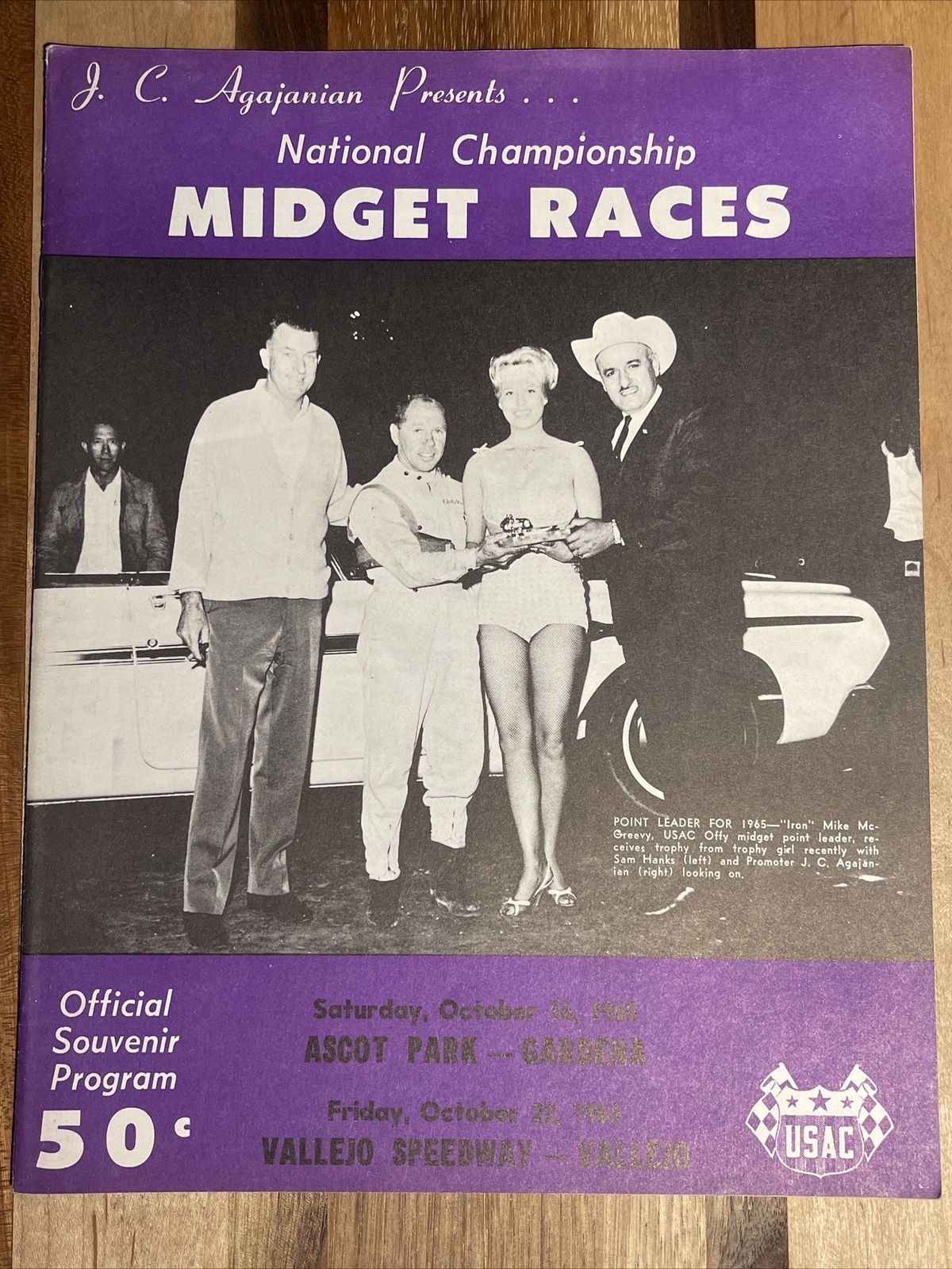 1965 USAC Midget Race Program, Ascot Park, Mike McGreevy/Sam Hanks ...