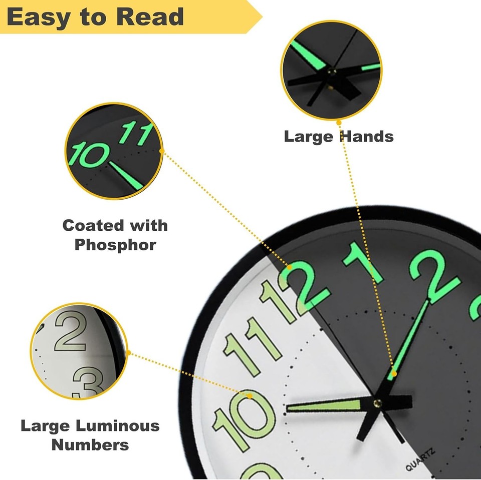 12" Luminous Wall Clock Silent Non-Ticking Quartz with Large Numbers ...
