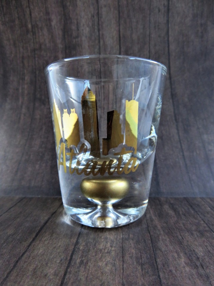 Clear Shot Glass Souvenir Of Atlanta 14K Gold Graphics Bubble Bottom 1 ...