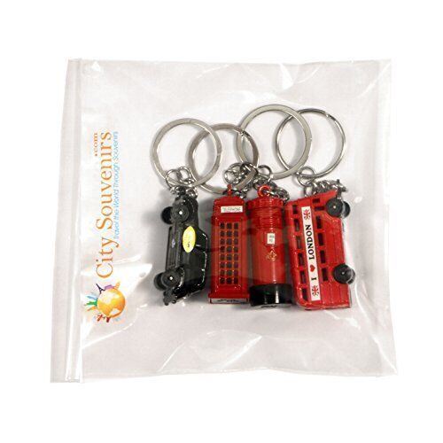 London Key Chains Souvenir Gift Set of Four Metal Bus, Taxi, Phone ...