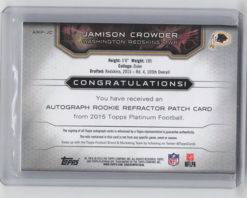 2015 Topps Platinum #PRAP-JC Jamison Crowder Rookie Patch Auto #/99 | eBay