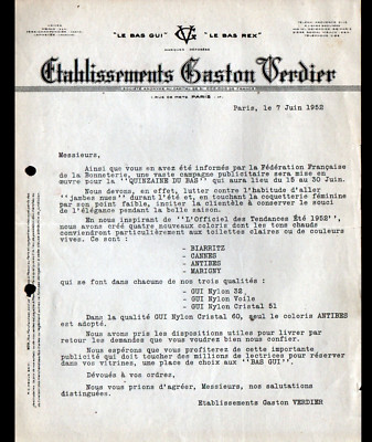 PARIS (X°) SOUS-VETEMENTS / BAS GUI & BAS REX "Gaston VERDIER" Lettre ...