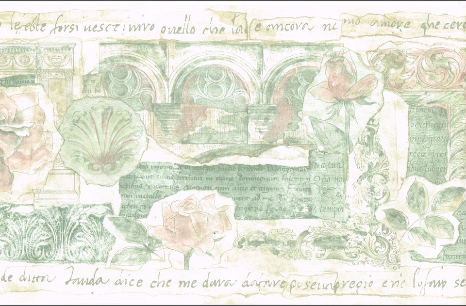 Pastel Green Pink Rose Scroll Shell French Script Writing Wall paper ...