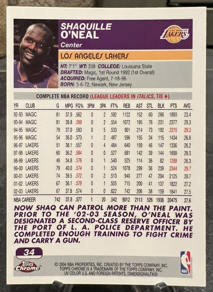 2003-04 Topps Chrome Shaquille O'Neal Los Angeles Lakers #34 | eBay