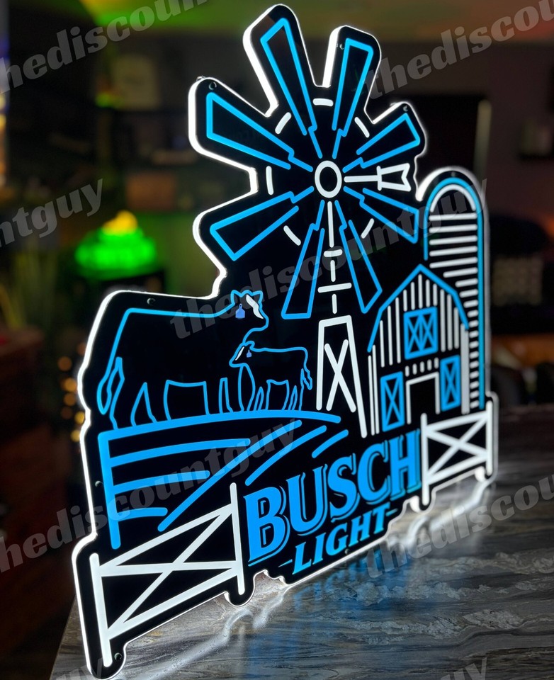 FARM BUSCH LIGHT BARN COW WINDMILL RANCH AGRICULTURE BLUE LED NEON BEER ...