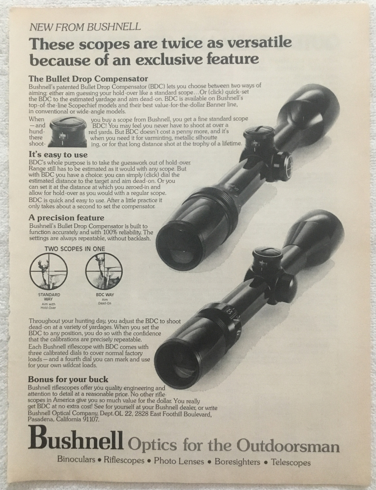 1977 Bushnell Optical Scopes PRINT AD Rifles Hunting Bullet Drop ...