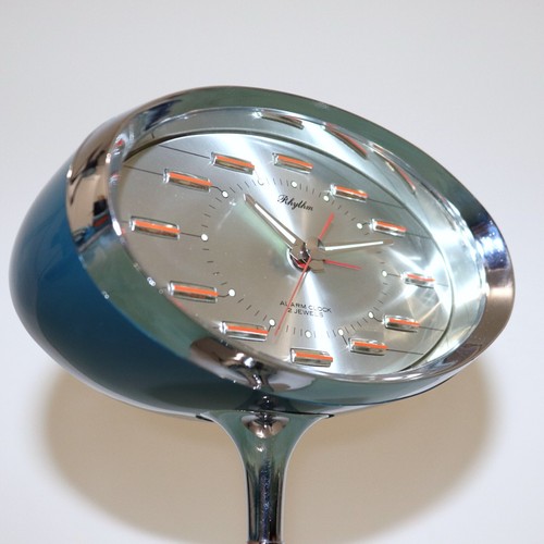 RHYTHM 51141 TOP! Clock Mantel Alarm Vintage Space Age Blue CHROME Desk ...