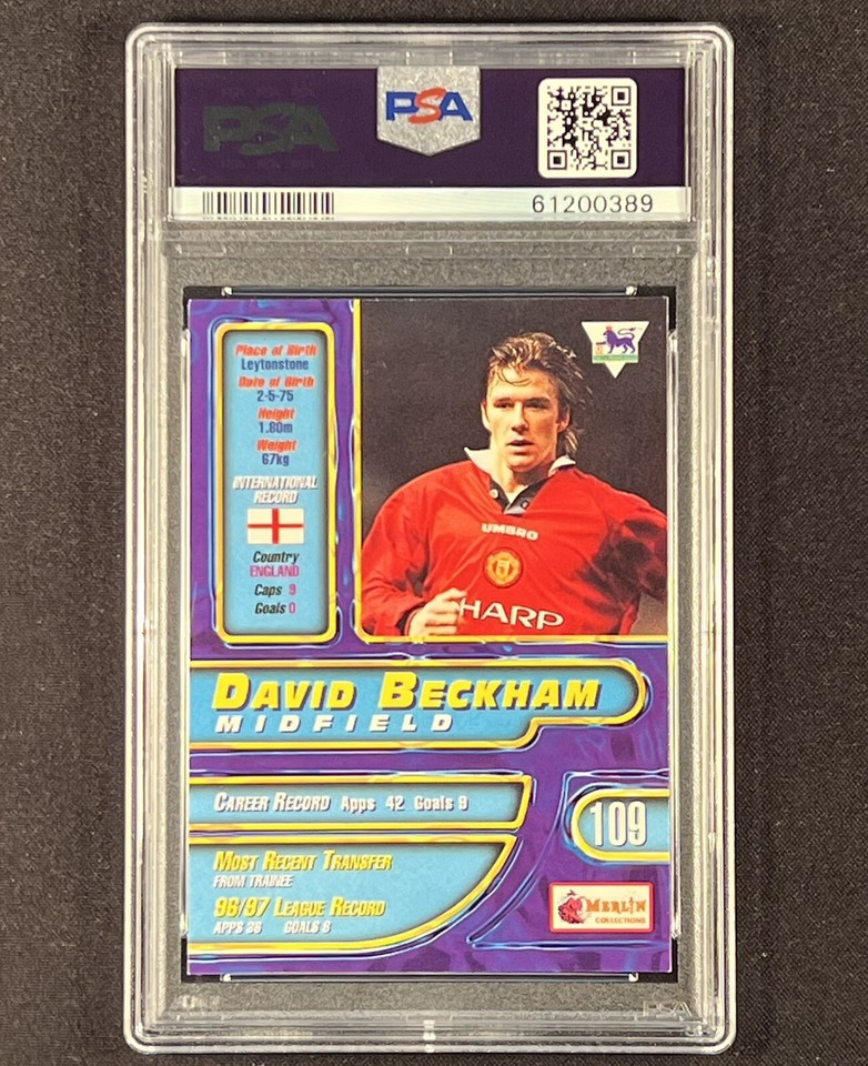 DAVID BECKHAM 1997-98 Merlin Premier Gold Soccer Card #109 Graded PSA 8 ...