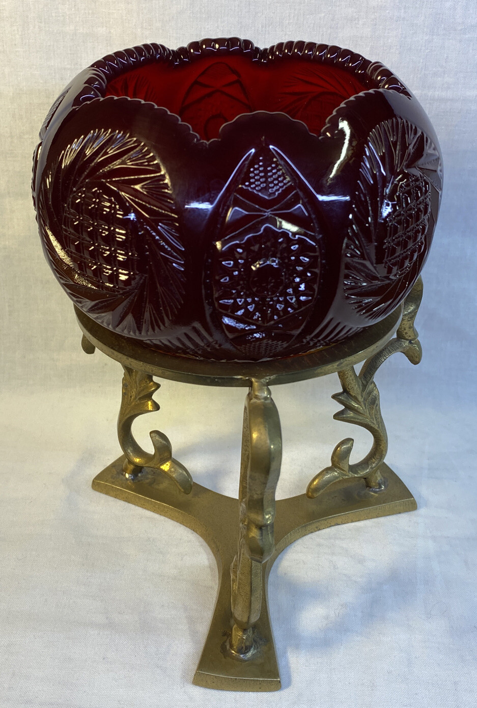 Fenton Art Glass Ruby Red Rose Bowl in Brass Stand 1998 | eBay