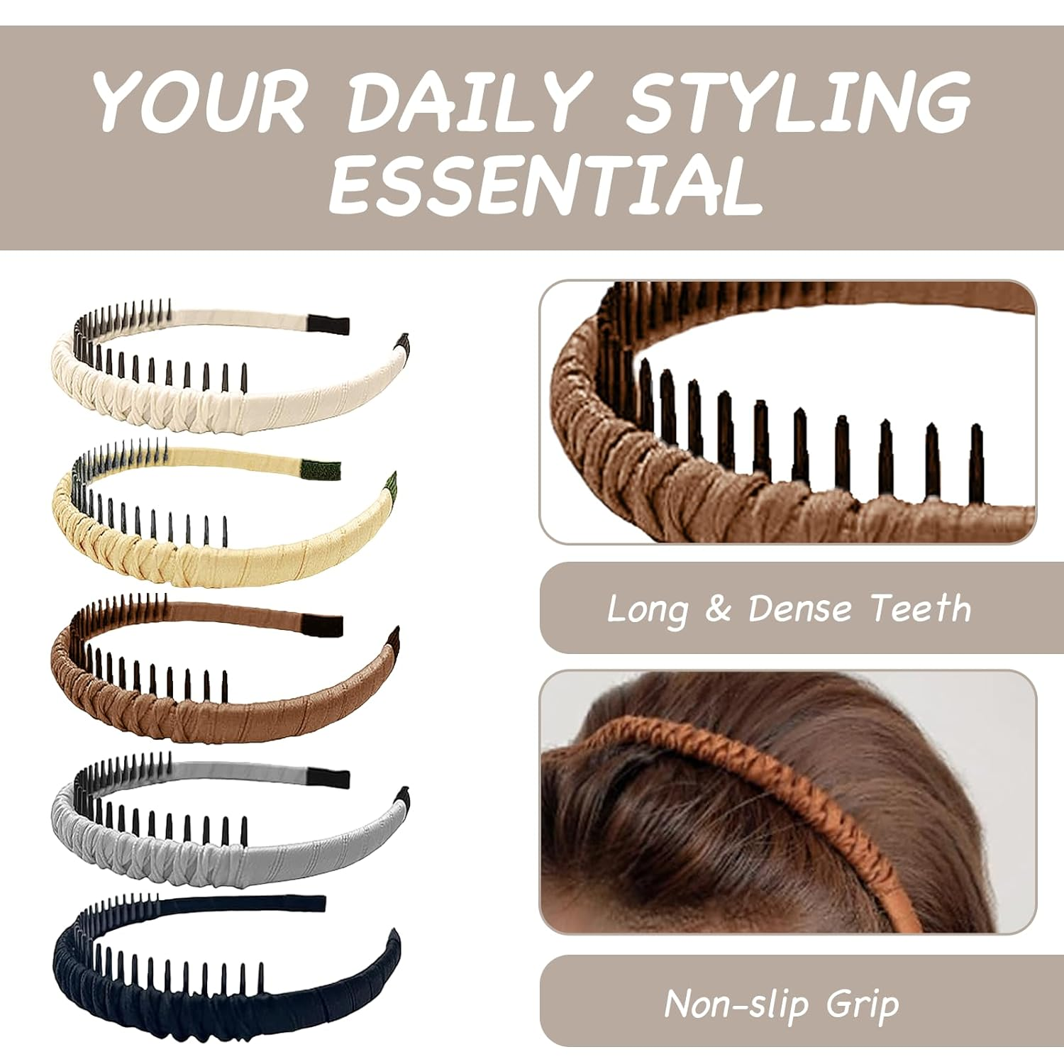 5 Pack Comb Braided Headband with Teeth for Women, Non Slip Hairband ...