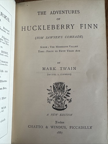 1887 The Adventures of Huckleberry Finn Mark Twain Chatto & Windus 1/2 ...