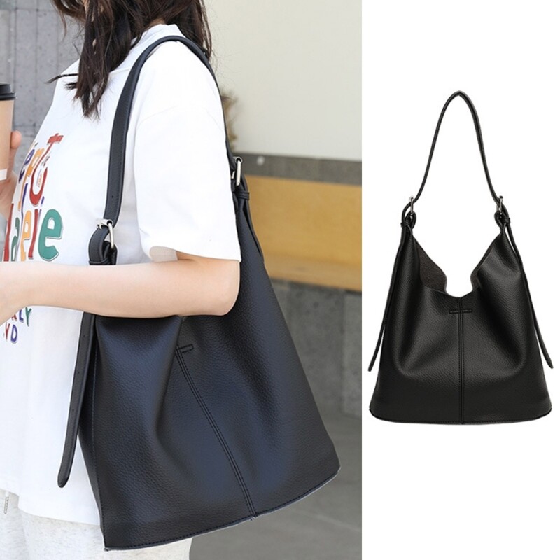 Lychee Texture Bucket Bags Simple Fashion Casual Bag Solid Color PU ...