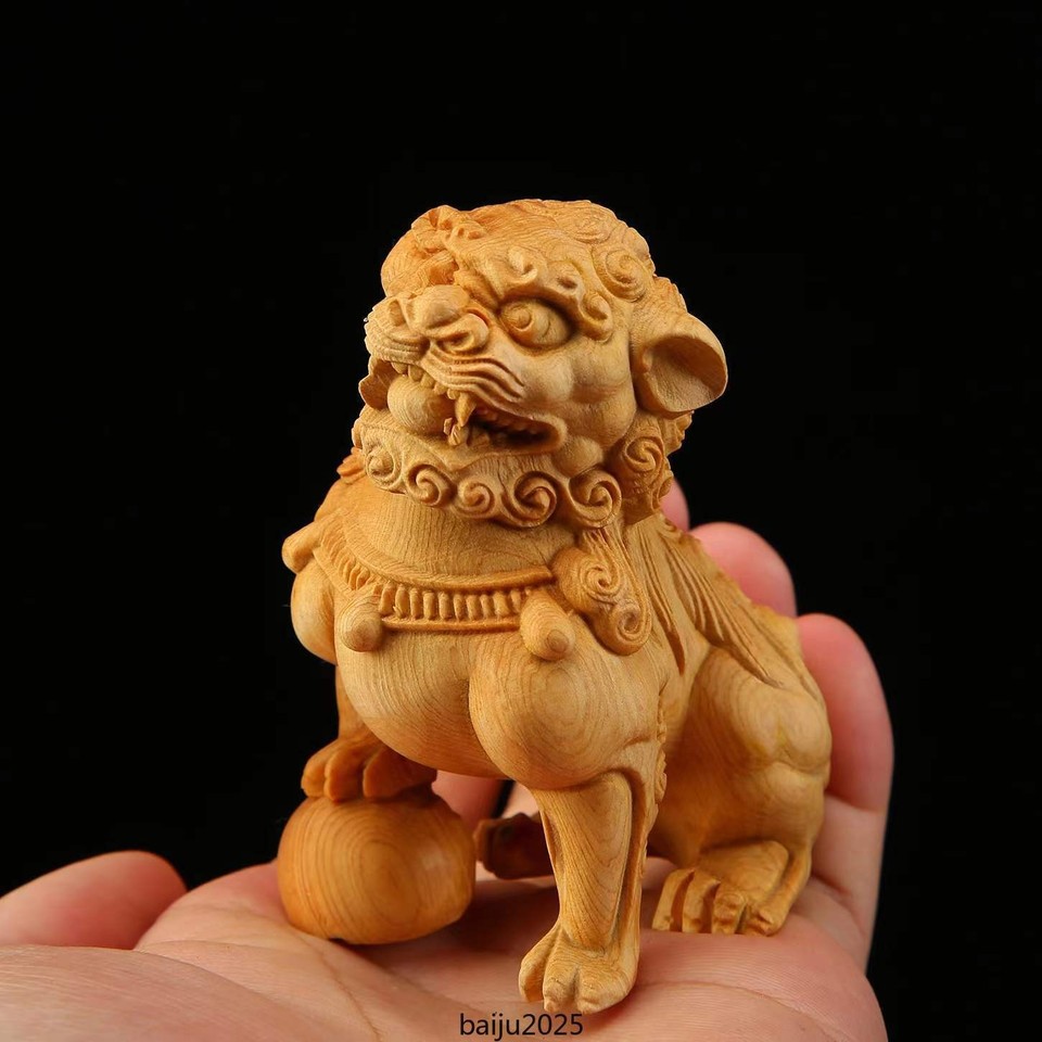 China Wood Carved Fengshui Animal Ball Pixiu Foo Fu Dog Lion Statue ...