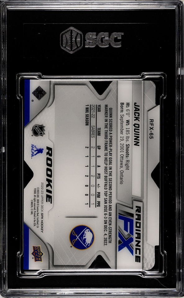 2022-23 Upper Deck SPX Jack Quinn Radiance Rookie RFX-75 Graded SGC 8.5 ...