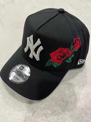 NY YANKEES Black Bling Red Rose Hat Hand Jeweled with Swarovski ...