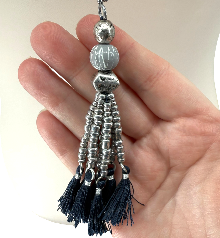 J. Jill Charm Tassel Necklace Long Silver Tone Beaded Blue Pendant 32 ...
