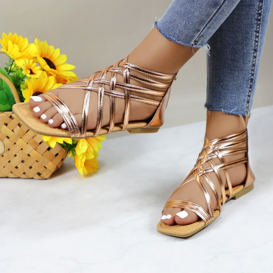Glaze Women's Roman Gladiator Muliti Straped Back Zip Design Flat Heel ...