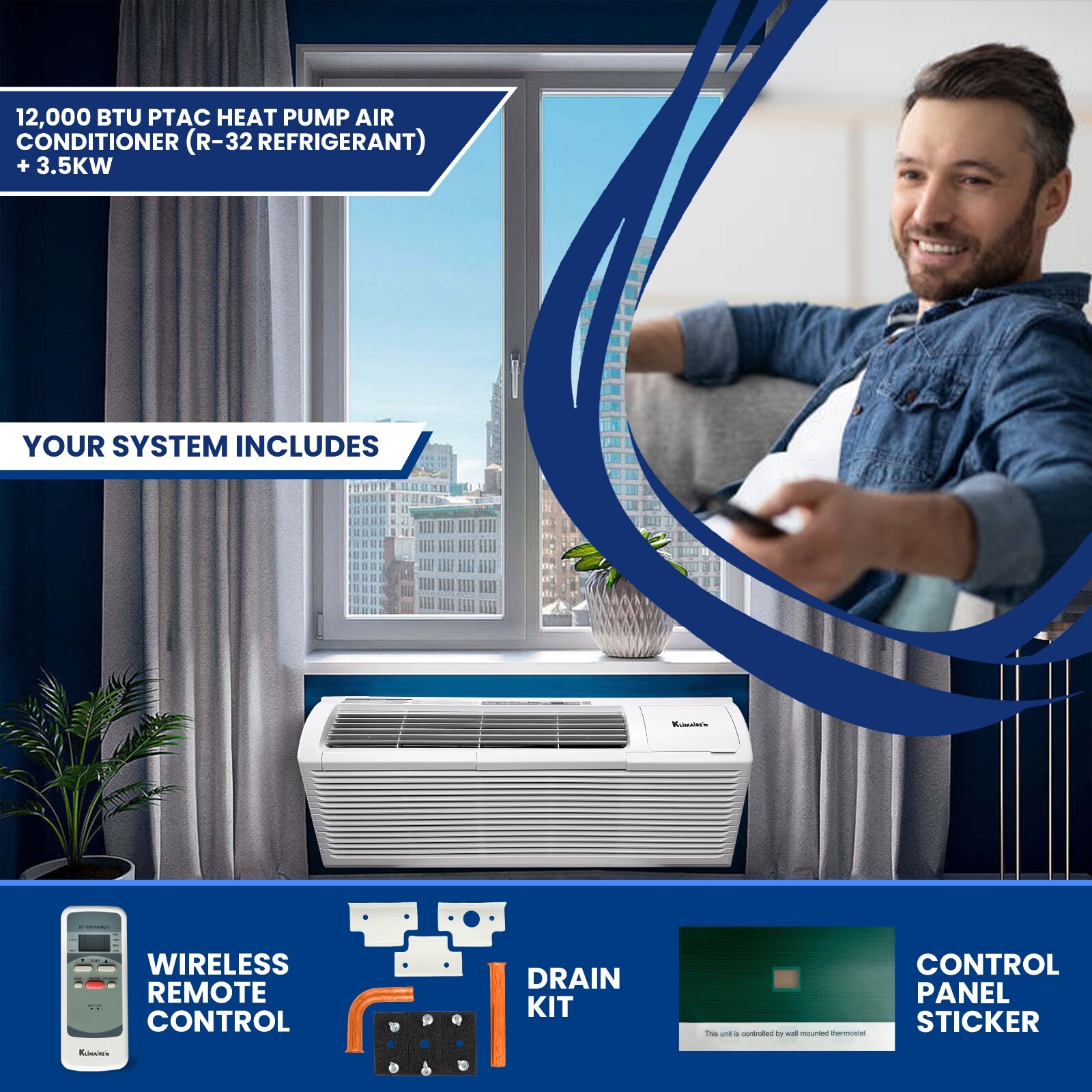 Klimaire PTAC 12,000 BTU Air Conditioner Heat Pump R-32 with 3.5 kW ...