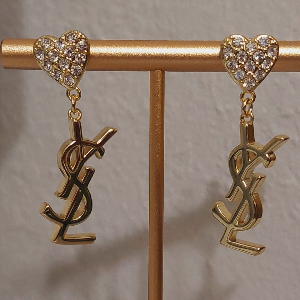 Auth. YVES SAINT LAURENT YSL CRYSTAL Heart Stud LOGO Drop EARRINGS Gold ...