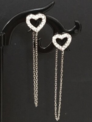 925 Sterling Silver Heart Chain Earrings Cubic Zirconia CZ Love Heart ...