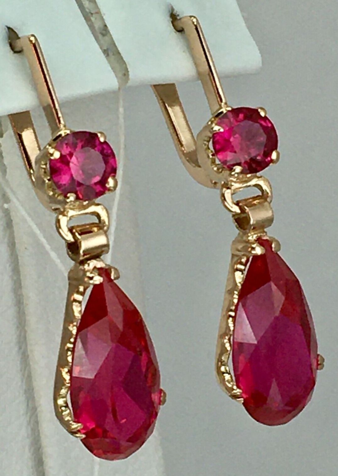 USSR Vintage Original Solid Rose Gold Ruby (lab. made) Earrings 583 14K ...