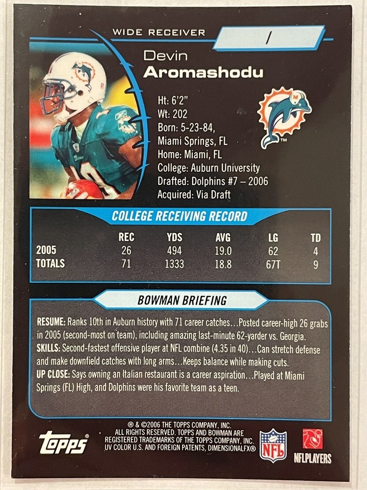 2006 Bowman Devin Aromashodu Rookie RC #1 Football Miami Dolphins | eBay