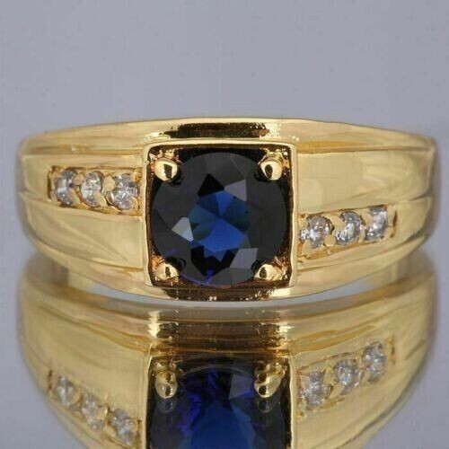 Certify 2.12Ct Natural Blue Sapphire & GH SI Diamond Men's Ring 14Kt ...