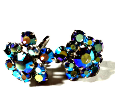 Gorgeous Vintage Silver color and Blue AB crystal Cluster Screw On ...