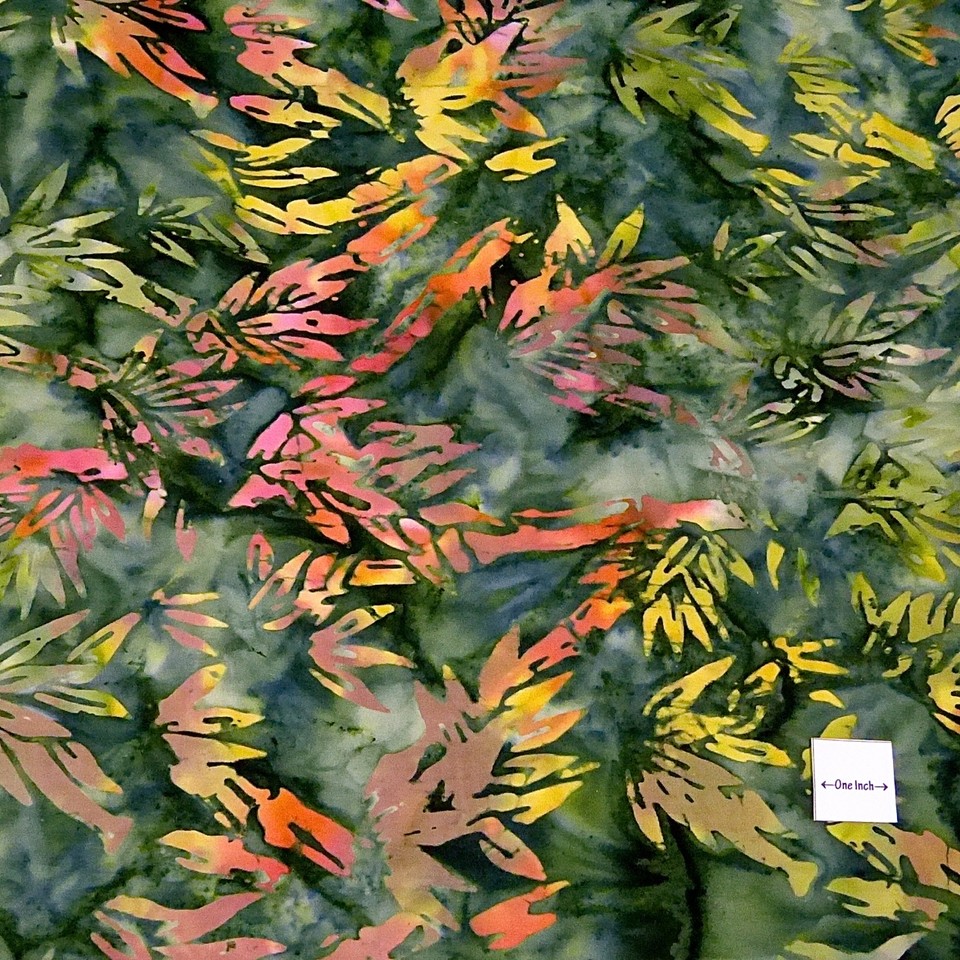 Central Java Bamboo Print Batik Cotton Fabric, Green, Yellow, Coral | eBay