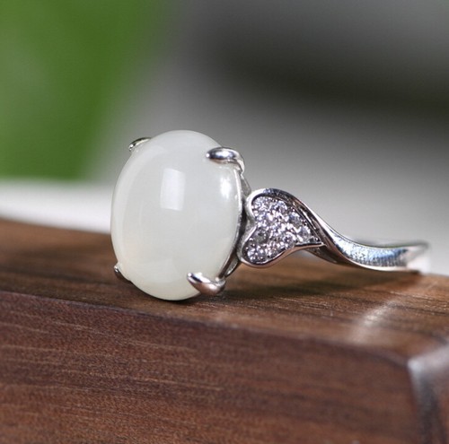 I05 Ring Silver 925 Two Hearts Oval White Jade Adjustable Size | eBay