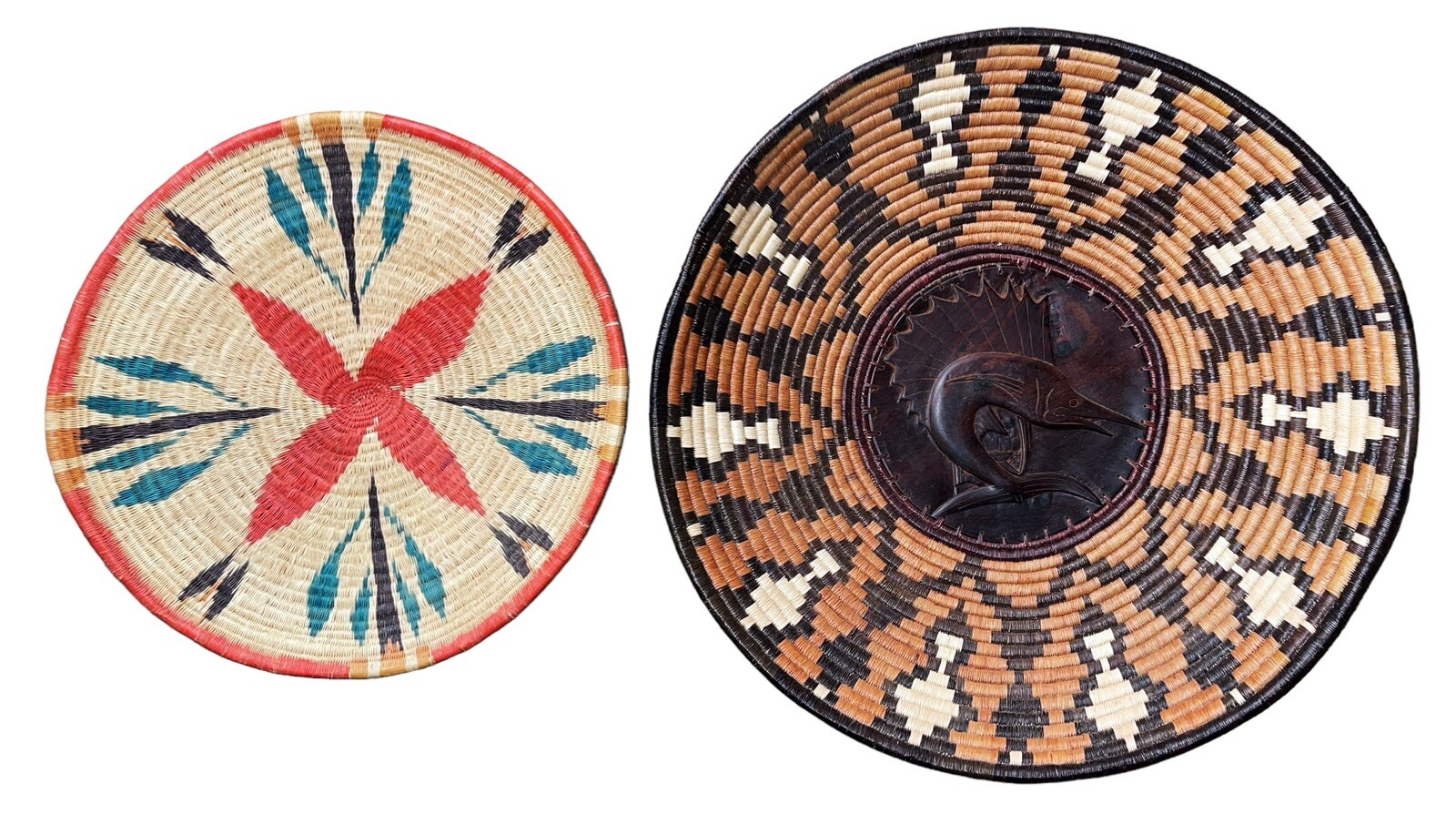 PAIR HANDMADE SISAL WOVEN TRIBAL NATIVE BASKET TRAYS CARVED MARLIN ...