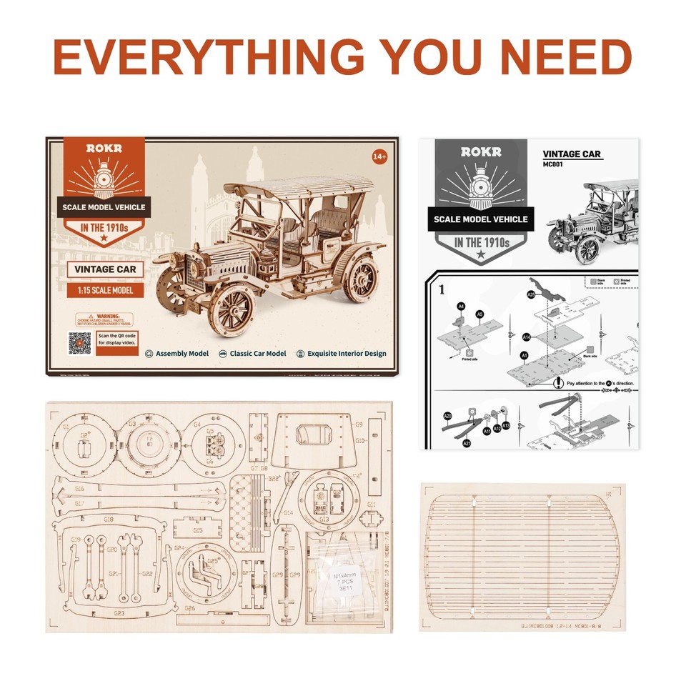 ROKR Vintage Car Model Mechanical Wooden 3D Puzzle Self Assembly Kit ...