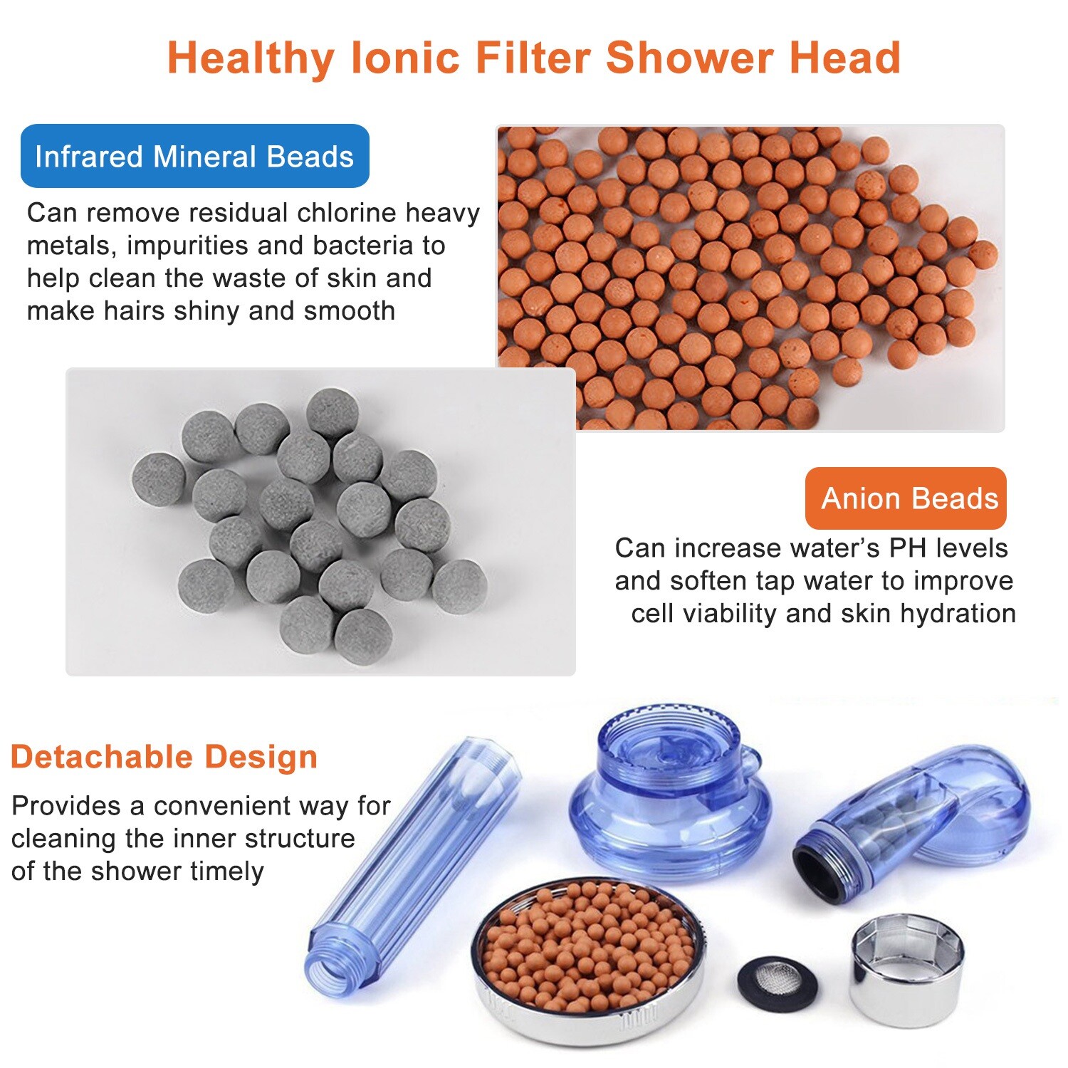 Shower Head Ionic Filter Filtration Spray 3-Modes High Pressure & Water ...
