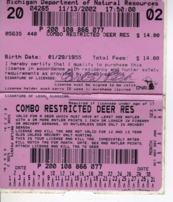2002 MICHIGAN RESIDENT COMBO RESTRICTED DEER LICENSE BACKTAG-MICHIGAN ...