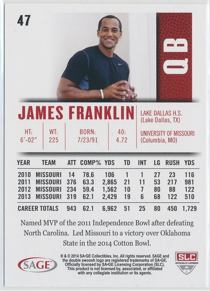 James Franklin - Missouri Tigers - 2014 SAGE HIT Football - RC - #47 | eBay
