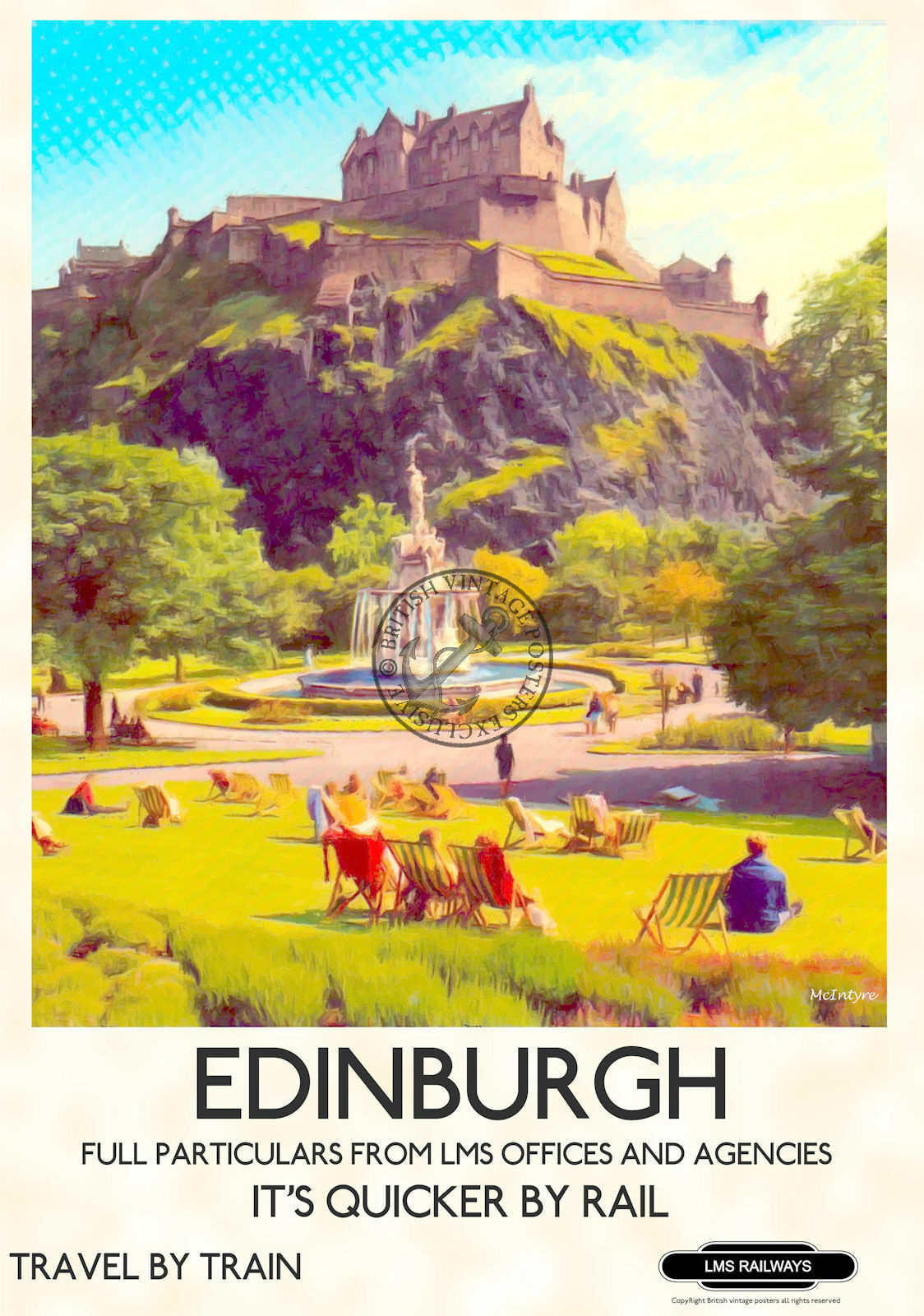 VINTAGE Railway POSTER Edinburgh Castle Scotland Travel Ad Art Deco ...