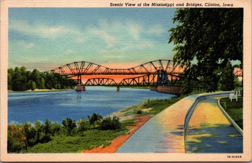 Vintage Linen Postcard Clinton Iowa Mississippi River Bridges | eBay