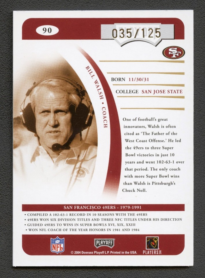 BILL WALSH 2004 PRIME SIGNATURES ARTIST'S PROOF COPPER 49ers AUTO ...