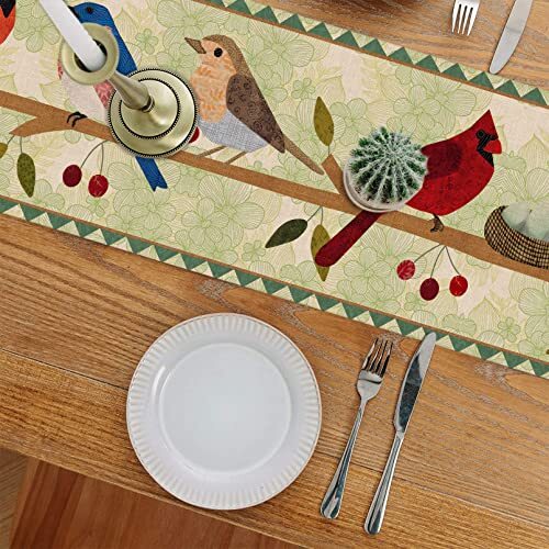 Summer Birds Tree Branches Table Runner, Table Runner 13''X72'' Green ...