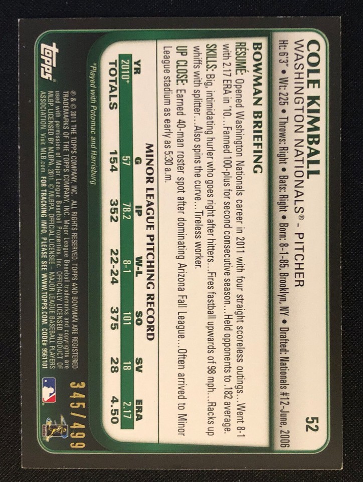 2011 Bowman Cole Kimball RC Nationals Sky Blue SP /499 Card #52 | eBay